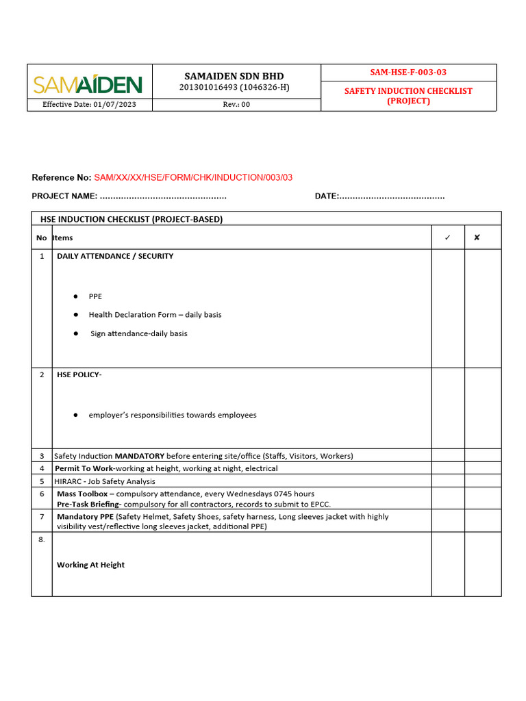 SAM-HSE-F-003-03 Safety Induction Checklist (Project) | PDF | Safety | Waste Management