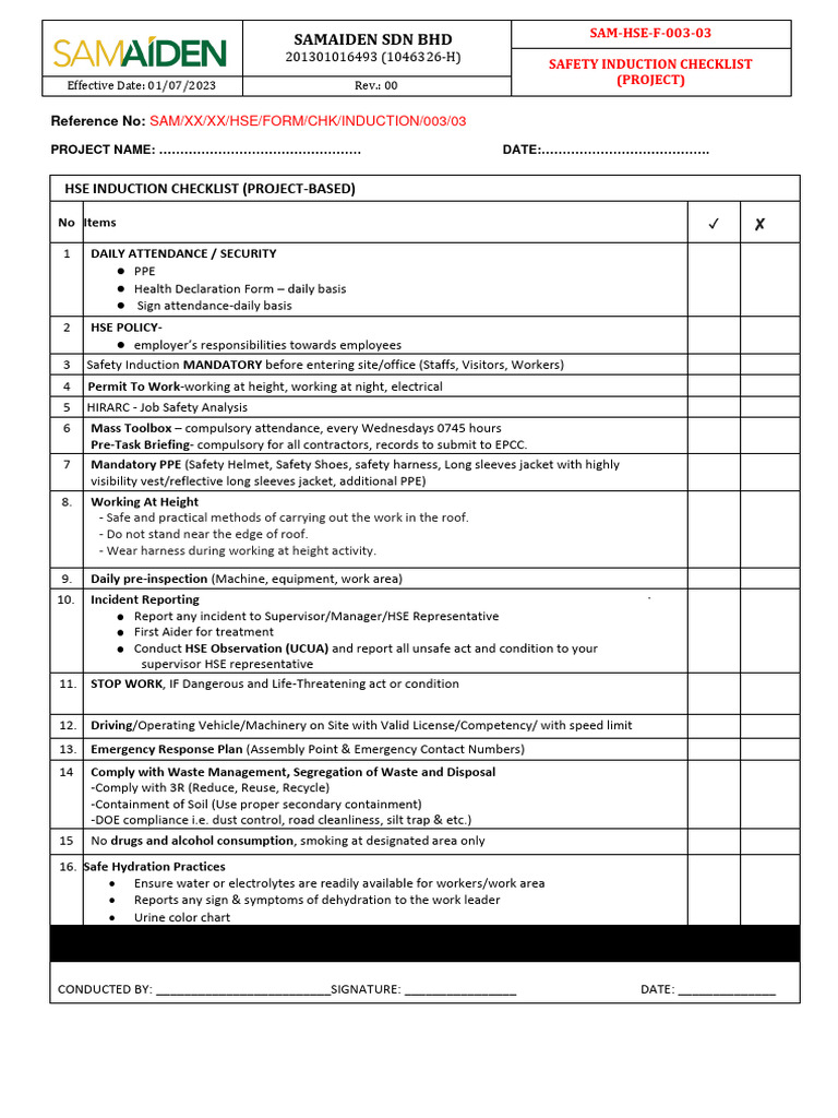 SAM-HSE-F-003-03 Safety Induction Checklist (Project) | PDF | Waste Management | Personal ...
