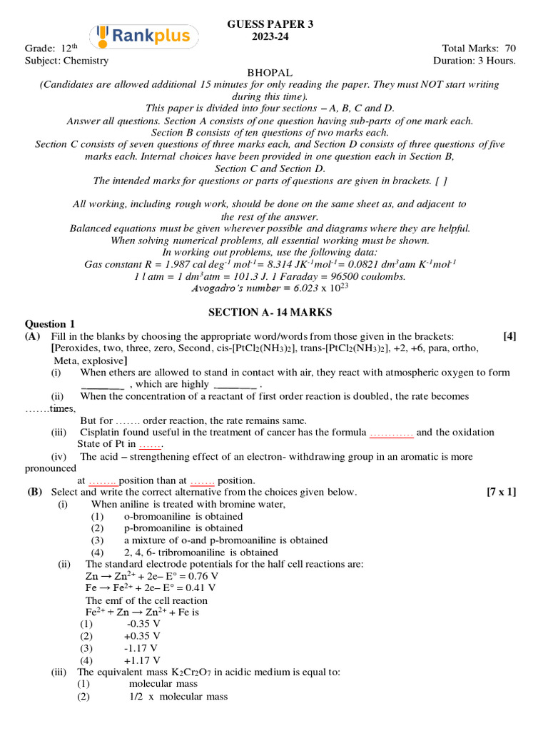 Guess Paper 3 Isc Chemistry | PDF | Scientific Phenomena | Chemistry