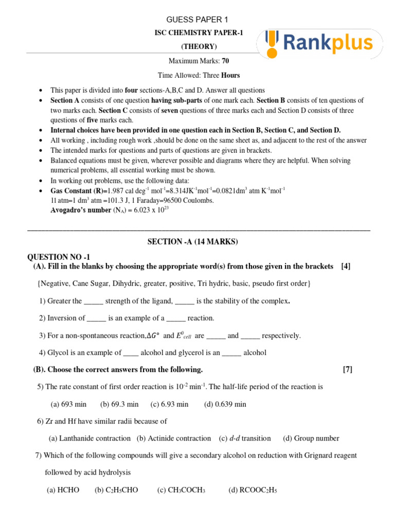 Guess Paper 1 Chemistry | PDF | Aldehyde | Ketone