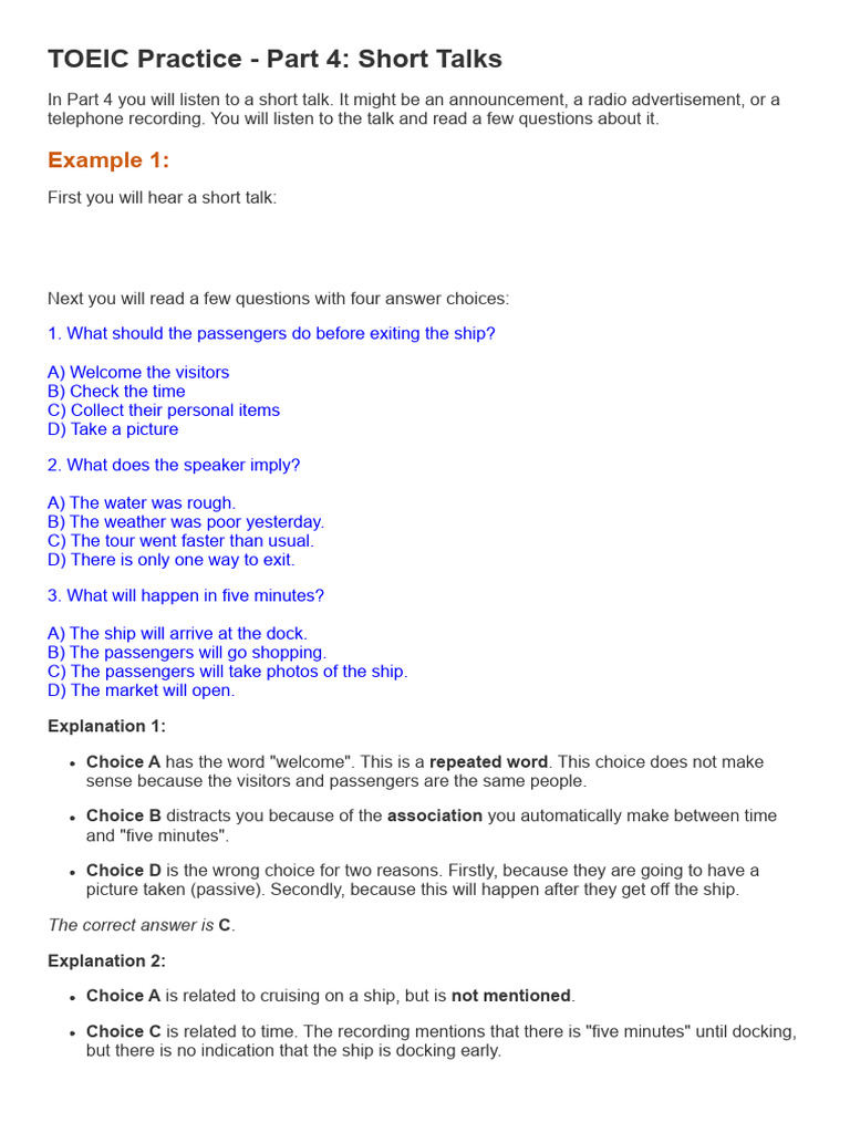 TOEIC Practice - Part 4 - Short Talks - EnglishClub | PDF