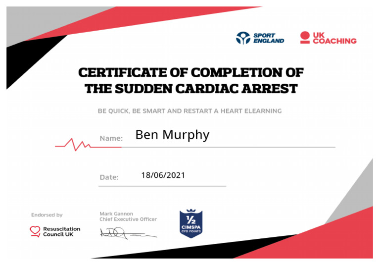 Ben Murphy - Sudden Cardiac Arrest Certificate | PDF