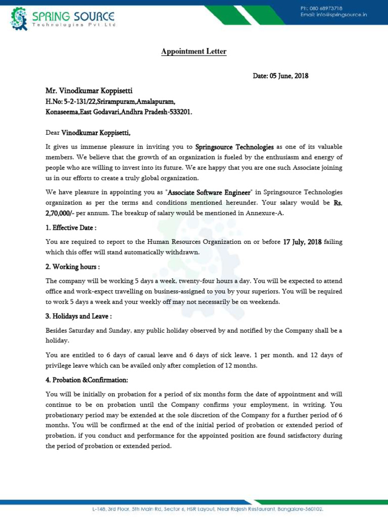 Spring Source Appointment Letter | PDF | Confidentiality | Employment