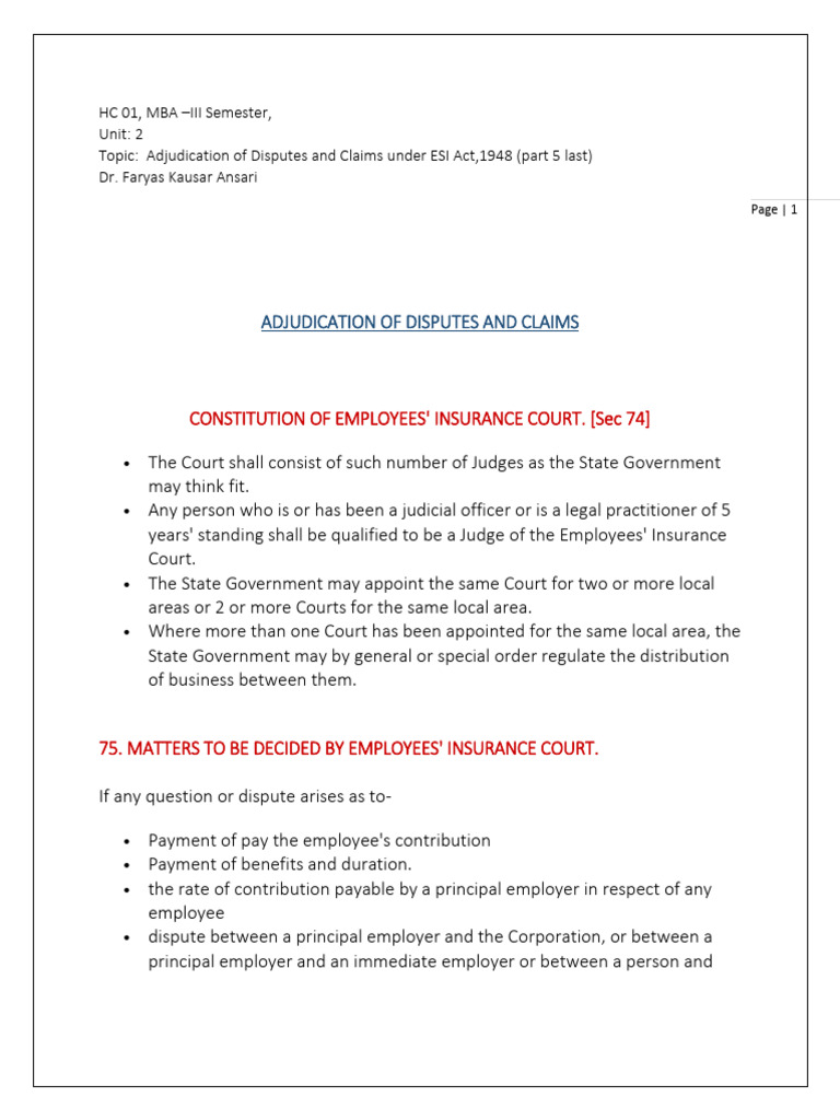 ESI Act 1948: Dispute Adjudication Overview | PDF | Employment | Fine ...