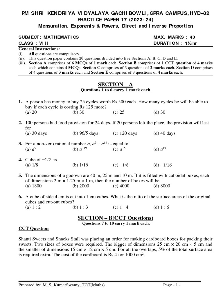 Maths Class VIII Practice Test 17 Mensuration Exponents Powers Direct ...