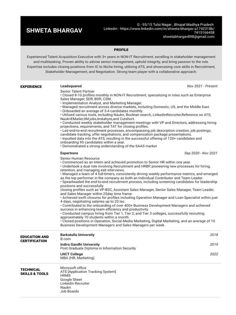 Shweta Bhargav CV - Dec | PDF | Recruitment | Business Economics