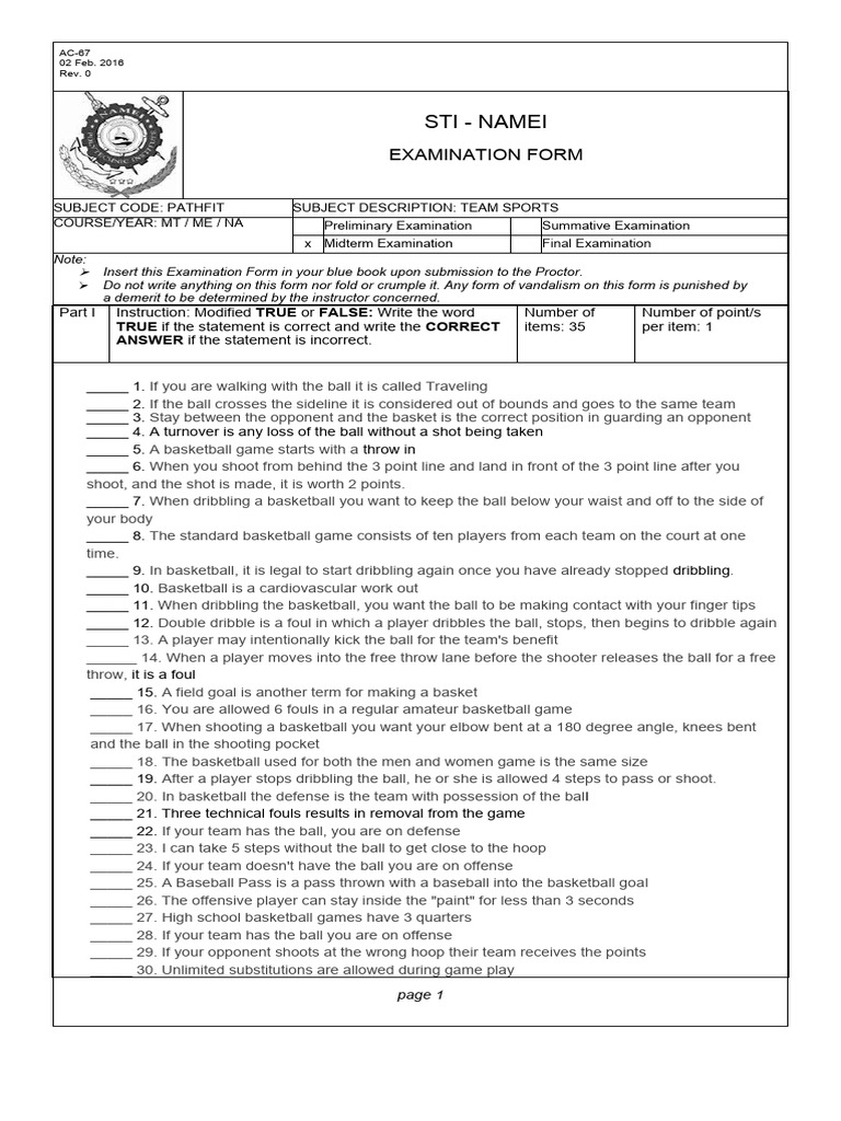 STI NAMEI PE 4 F Exam 1 | Download Free PDF | Athletic Sports | Team Sports