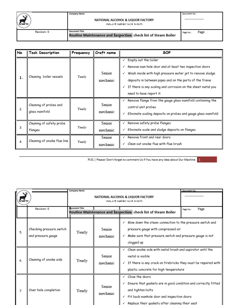Steam Boiler Routine Maintenance Check List | PDF | Boiler | Valve