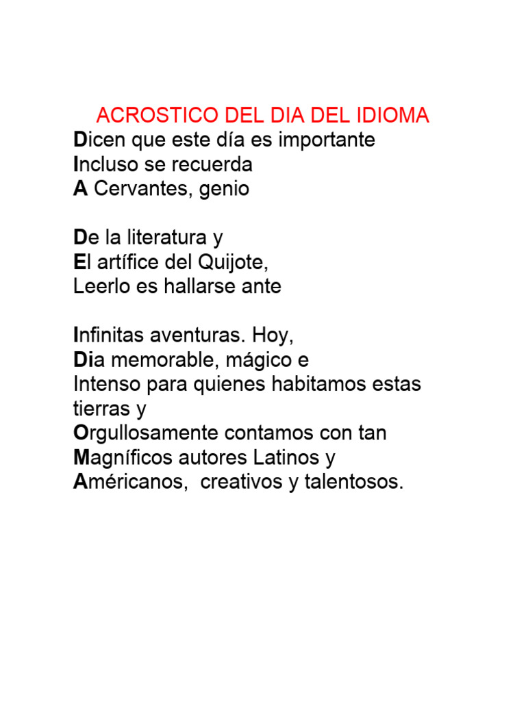 Acrostico del Día del Idioma | PDF | Libros para adolescentes