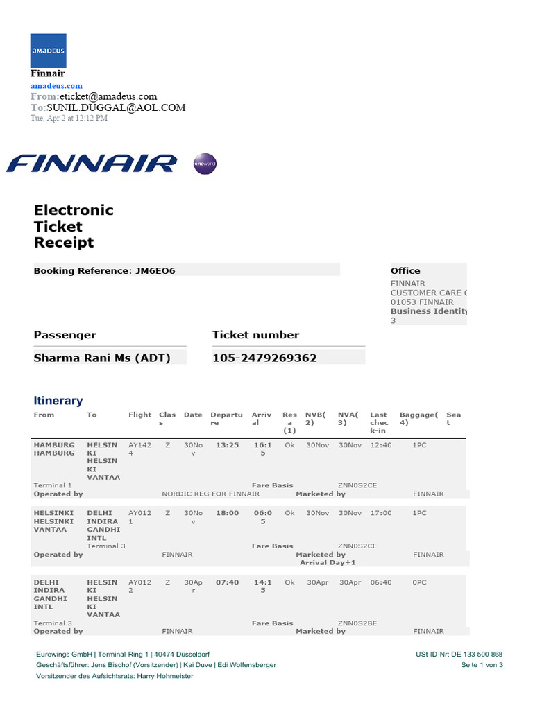Finnair Ticket | PDF | Civil Aviation