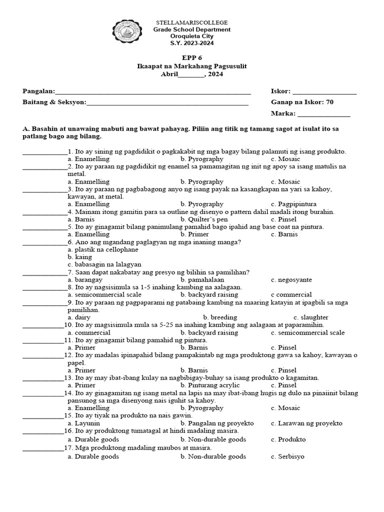 EPP 4TH Q EXAM | PDF