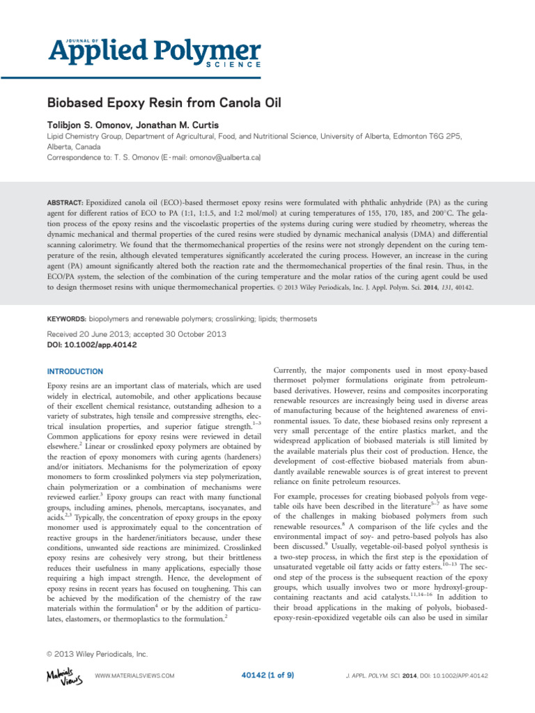 Biobased Epoxy Resin From Canola Oil | PDF | Epoxy | Polymers