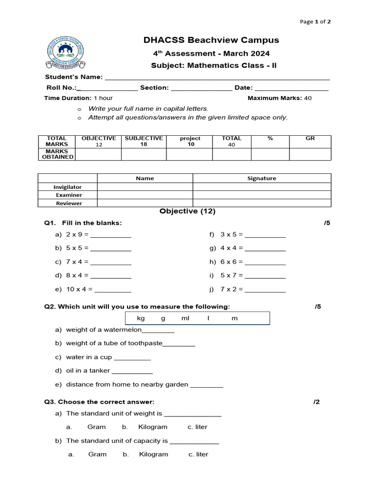 Math Class 2 | PDF | Litre | Metrology
