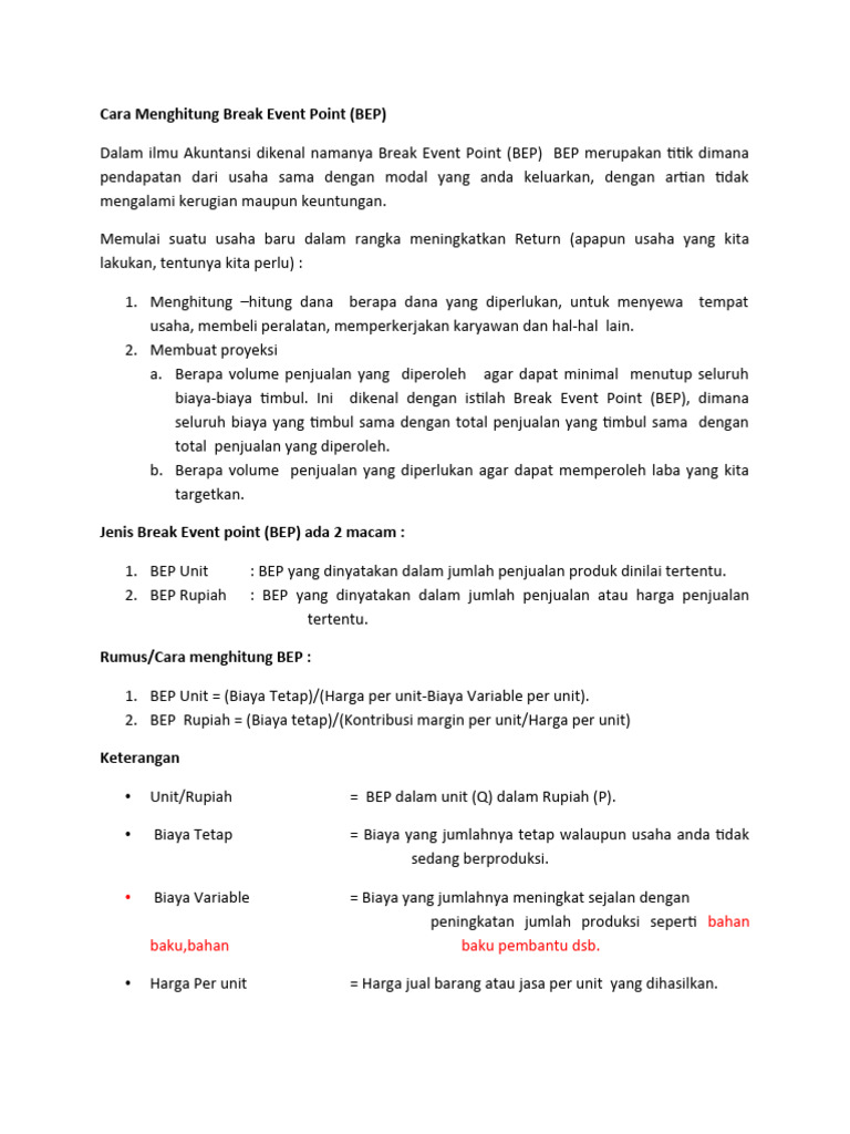 Cara Menghitung Break Event Point BEP | PDF Cara Menghitung Break Event Point BEP | PDF