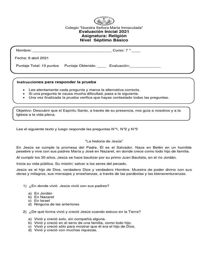 P. Inicial Religión 7°básico | PDF | María, madre de Jesús | Jesús