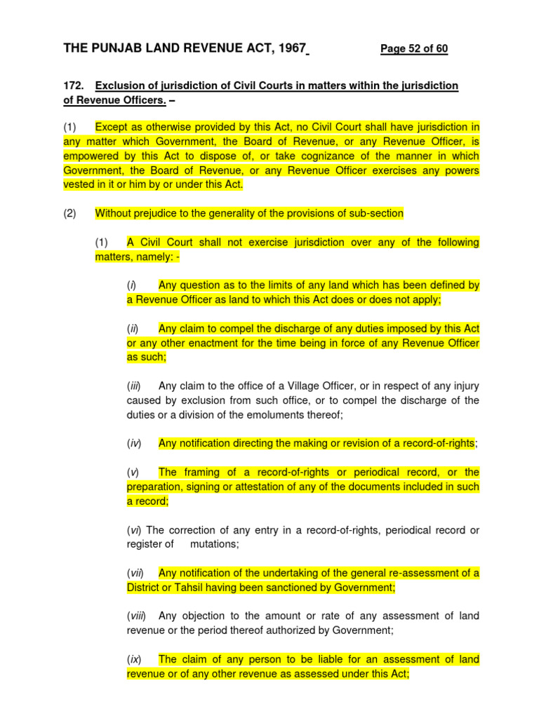 Section 172 To 175 Exclusion of Jurisdiction of Civil Courts | PDF ...