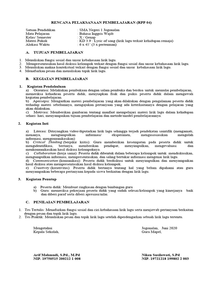 10 RPP SATU LEMBAR Song | PDF