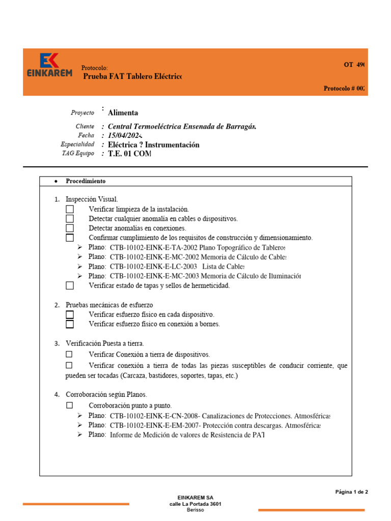 Prueba-FAT-Tablero Eléctrico Alim Normal Comedor | PDF | Ingenieria ...