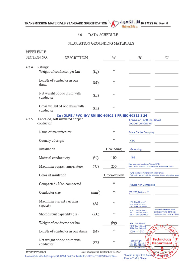 10-TMSS-07 - Rev.00-TDS 1KV Cables | PDF | Electrical Conductor ...