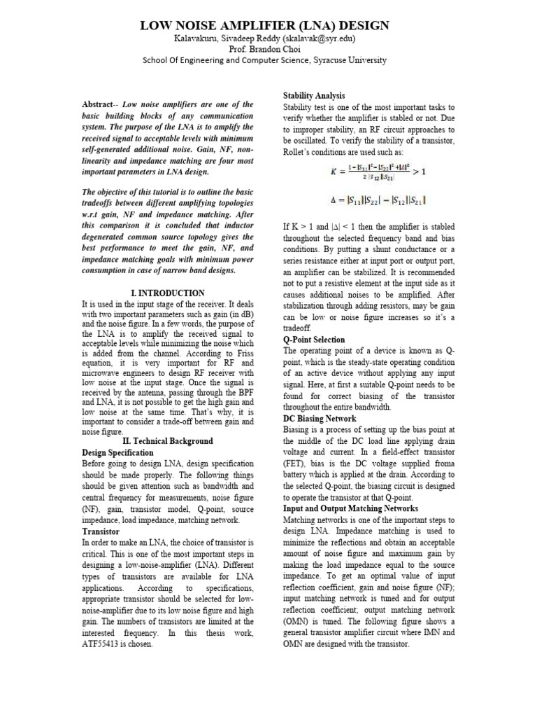 Low Noise Amplifier Lna Design | PDF | Amplifier | Telecommunications Engineering