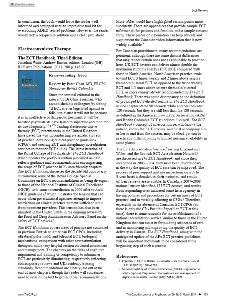 Chan 2014 Book Review Electroconvulsive Therapy The Ect Handbook Third Edition | PDF ...