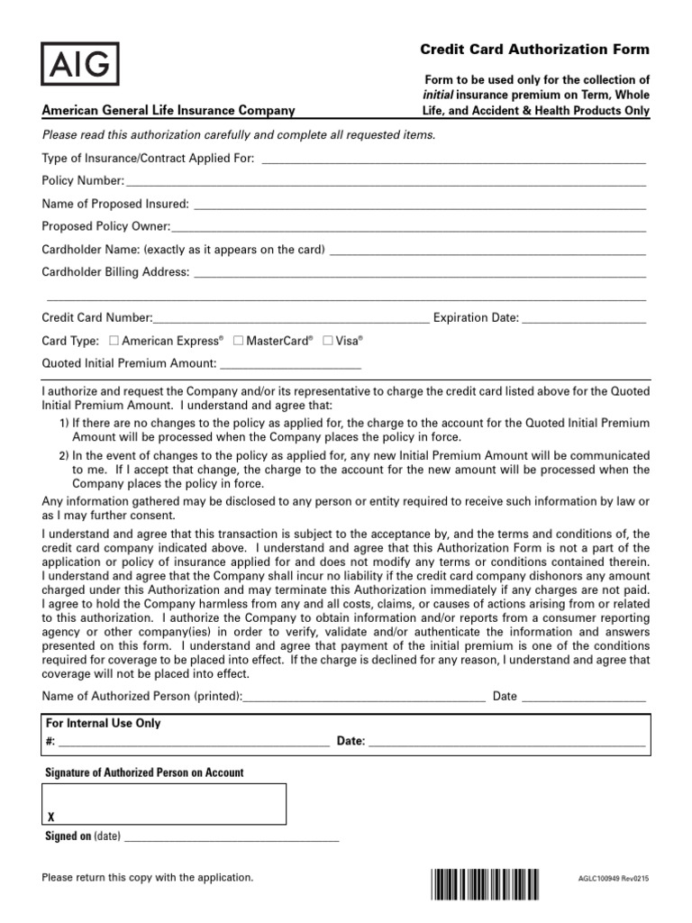 AIG Credit Card Authorization | PDF | Credit Card | Insurance
