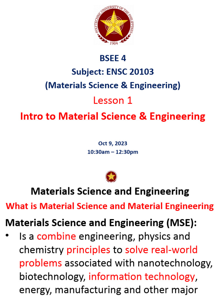 Lesson 1 Intro To Material Science and Engg Oct 9 2023 EE 4 1 | PDF ...