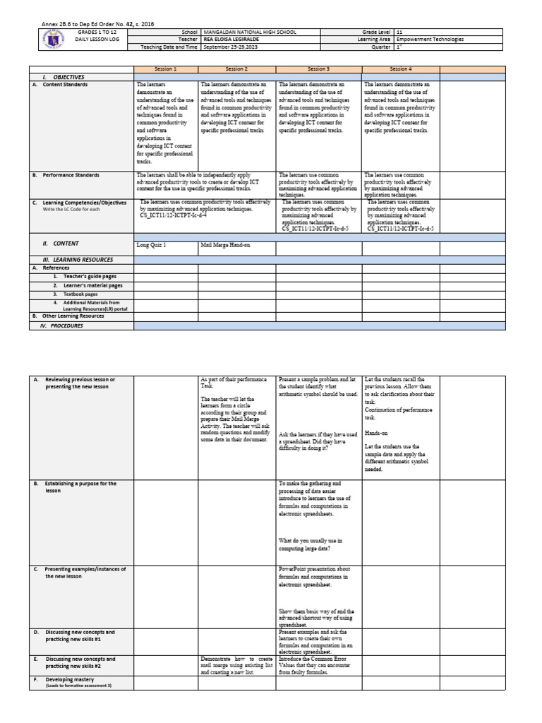 ETECH DLL-Q1-WEEK6 - Mail Merge With AdvSpreadsheet | PDF | Educational Technology | Spreadsheet