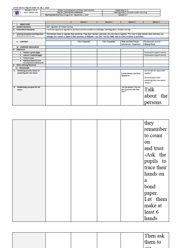 CSS DLL-Q1 - WEEK1 - Psychosocial Act | PDF | Learning | Teachers