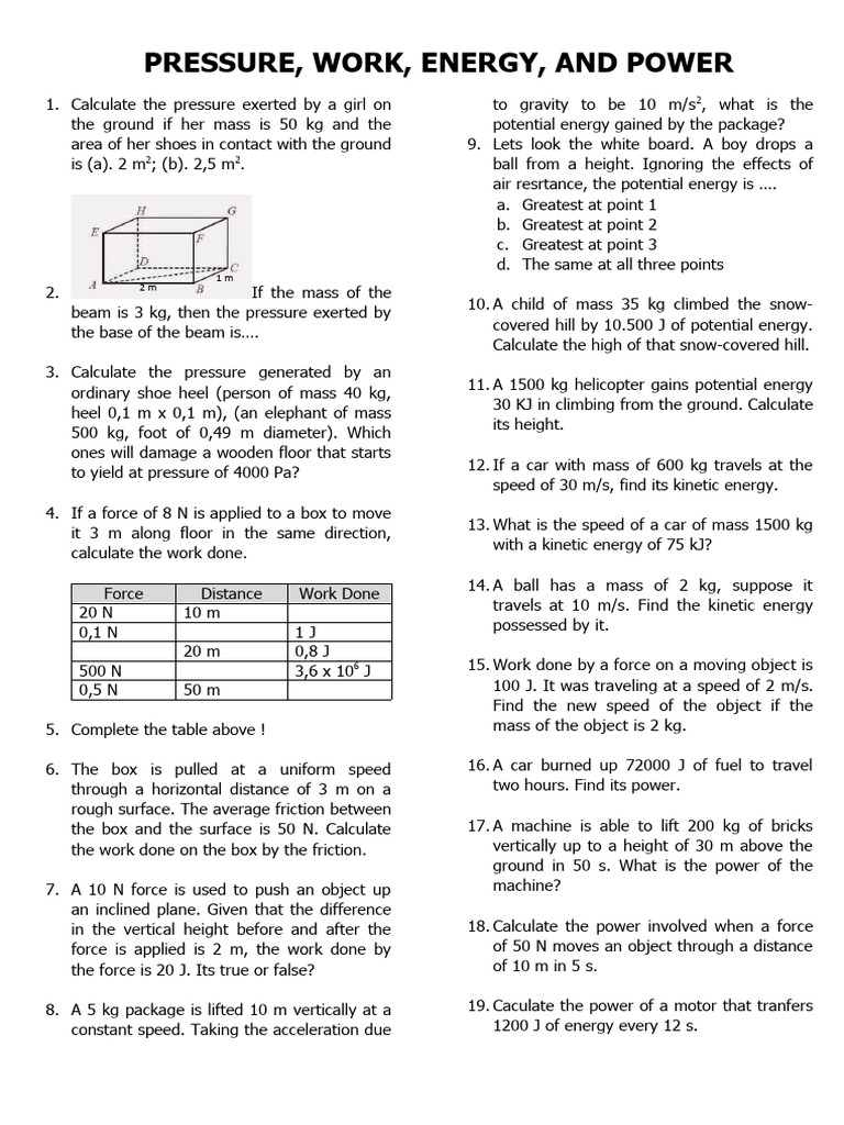 Exercise - Pressure, Work, Energy, and Power | PDF | Force | Physical ...