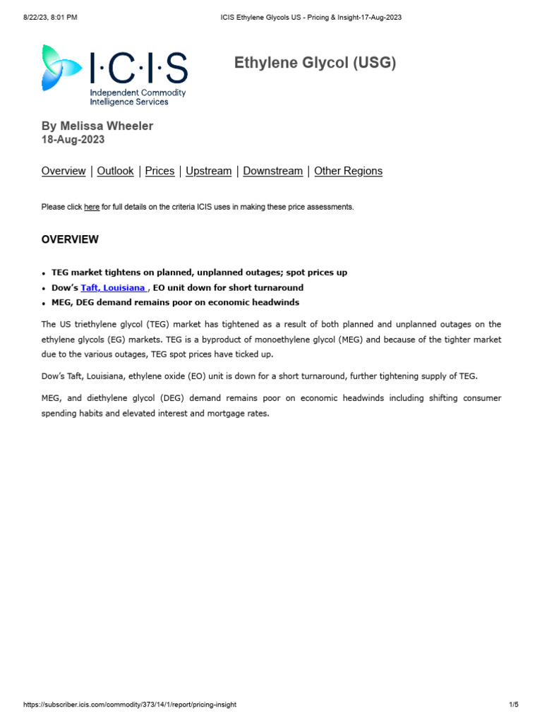 ICIS Ethylene Glycols US - Pricing & Insight-17-Aug-2023 | PDF | Technology & Engineering