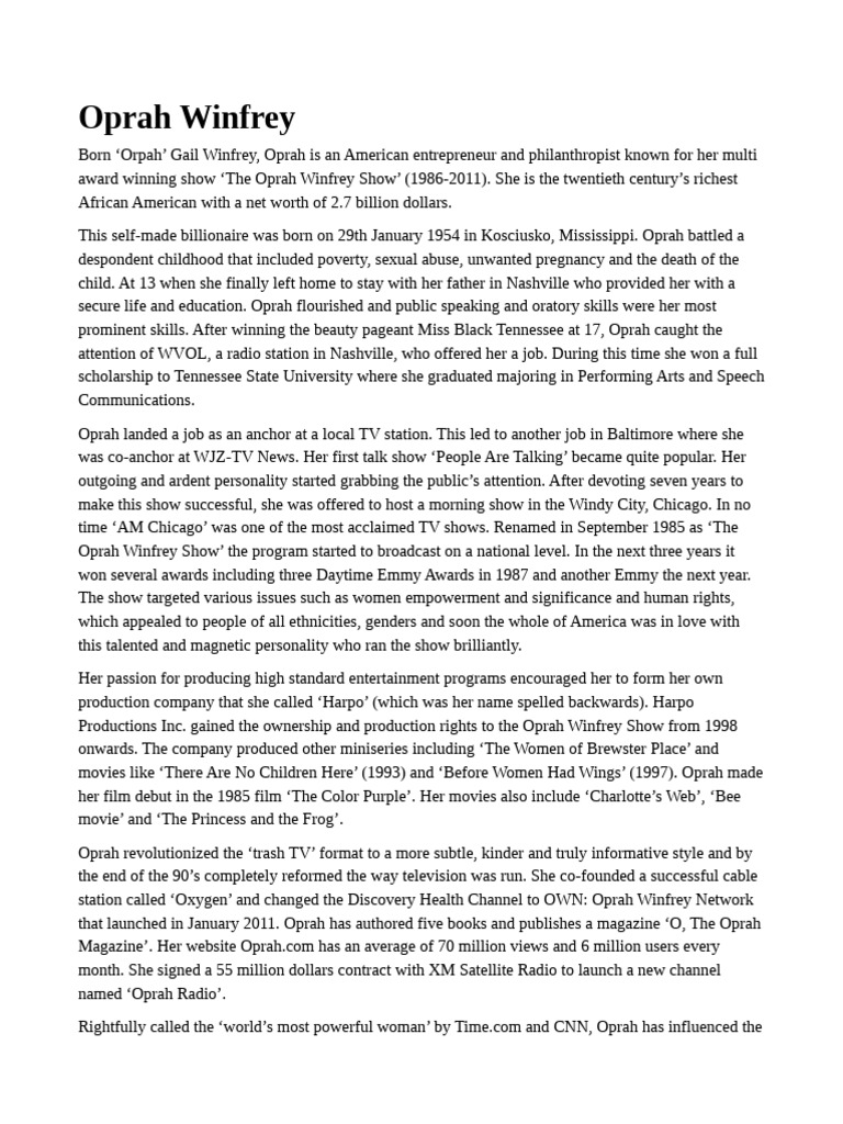 Oprah Winfrey: From Struggles to Success | PDF | Oprah Winfrey