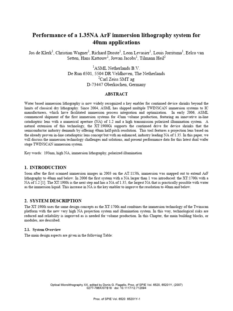 Performance of A 1.35na Arf Immersion Lithography System For 40Nm ...