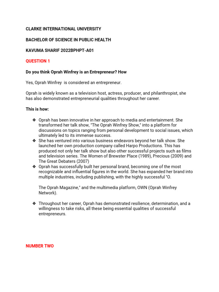 Ent Assignment One Sharif | PDF | Entrepreneurship | Oprah Winfrey