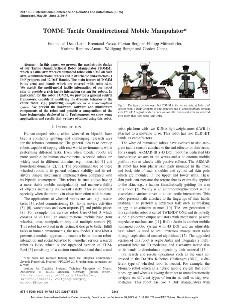 Tomm Tactile Omnidirectional Mobile Manipulator Pdf Robot Robotics