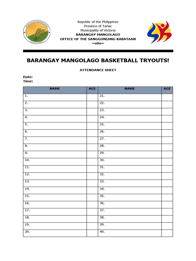 Barangay Basketball Tryouts Attendance Sheet | PDF