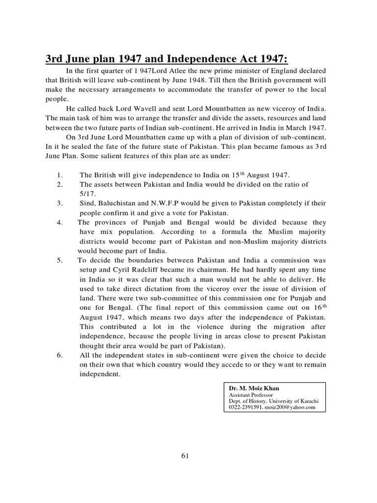 3rd June Plan and Independent Act | PDF | Pakistan | Pakistan Movement