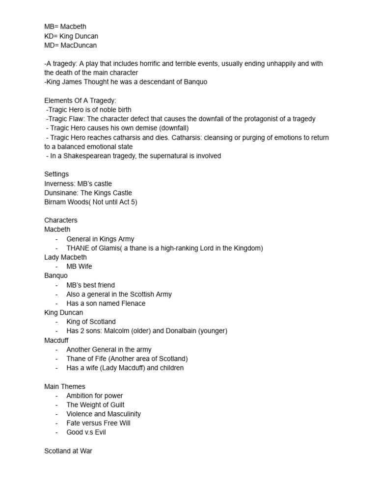 Macbeth Notes | PDF | Macbeth | Shakespearean Tragedies