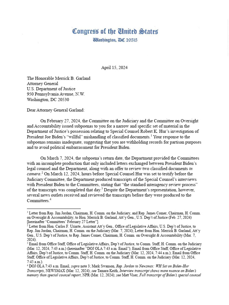(DAILY CALLER OBTAINED) - 2024-04-15 JDJ JC To Garland Re Subpoena ...