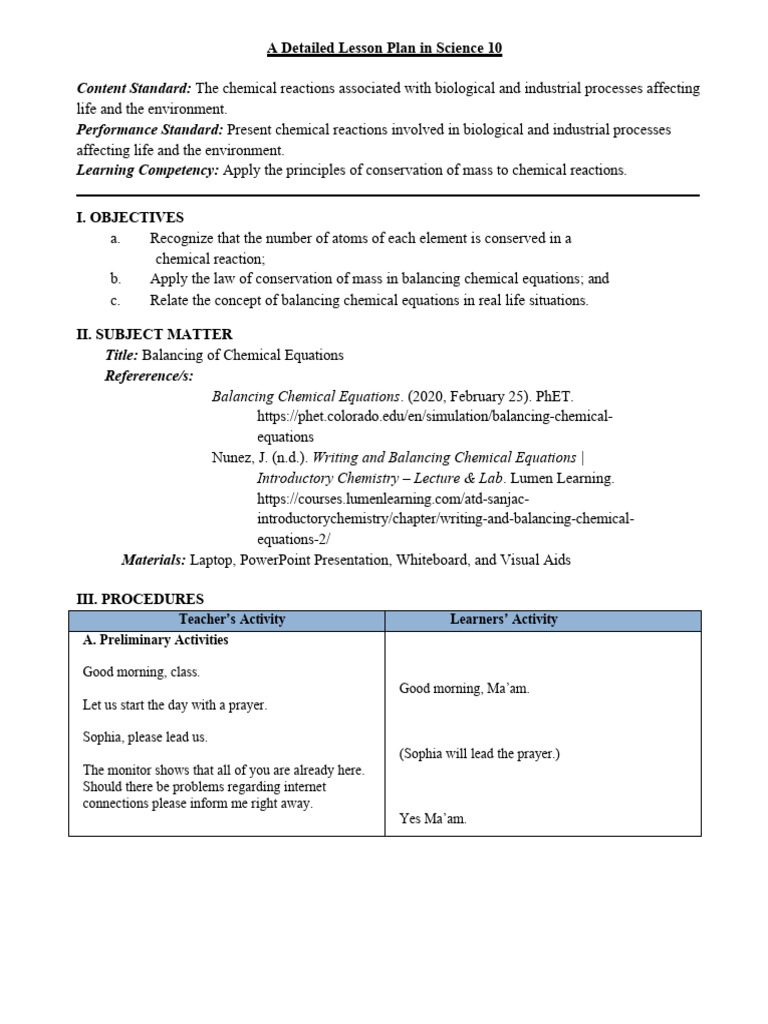 Balancing Chemical Equations Lesson Plan | PDF | Chemistry | Physical ...