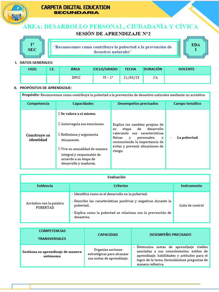 1° Sesión de Aprendizaje Sesión2-Sem.1-Exp.1 - DPCC | PDF | Aprendizaje | Evaluación