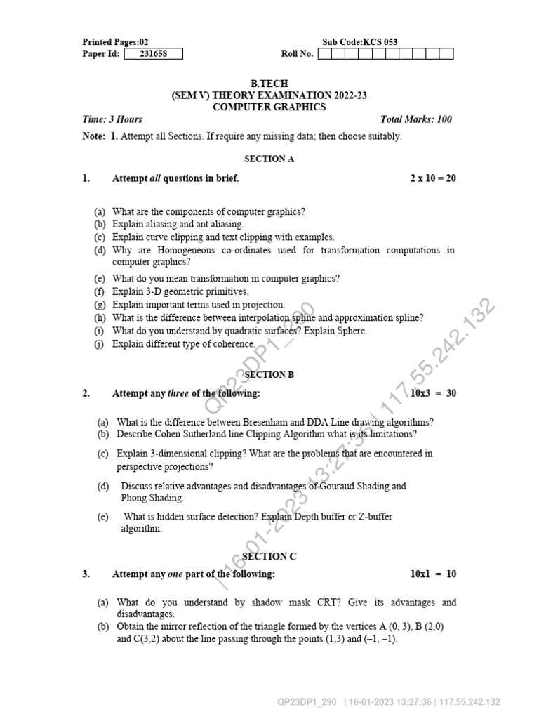 Btech Cs 5 Sem Computer Graphics kcs053 2023 | PDF | Computer Graphics | Graphics