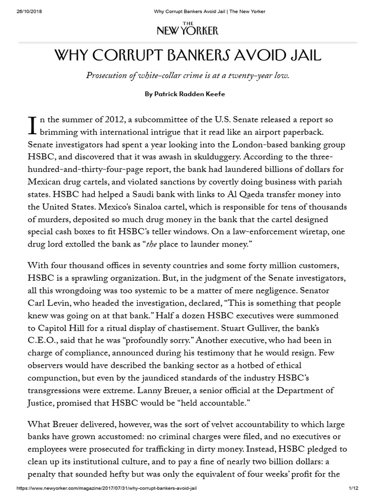 Why Corrupt Bankers Avoid Jail - The New Yorker | PDF | Prosecutor | Plea Bargain