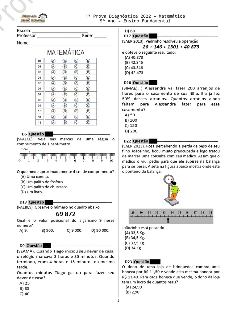1 P.D - 2022 (Mat. 5º Ano) - Blog Do Prof. Warles | PDF | Métodos e ...