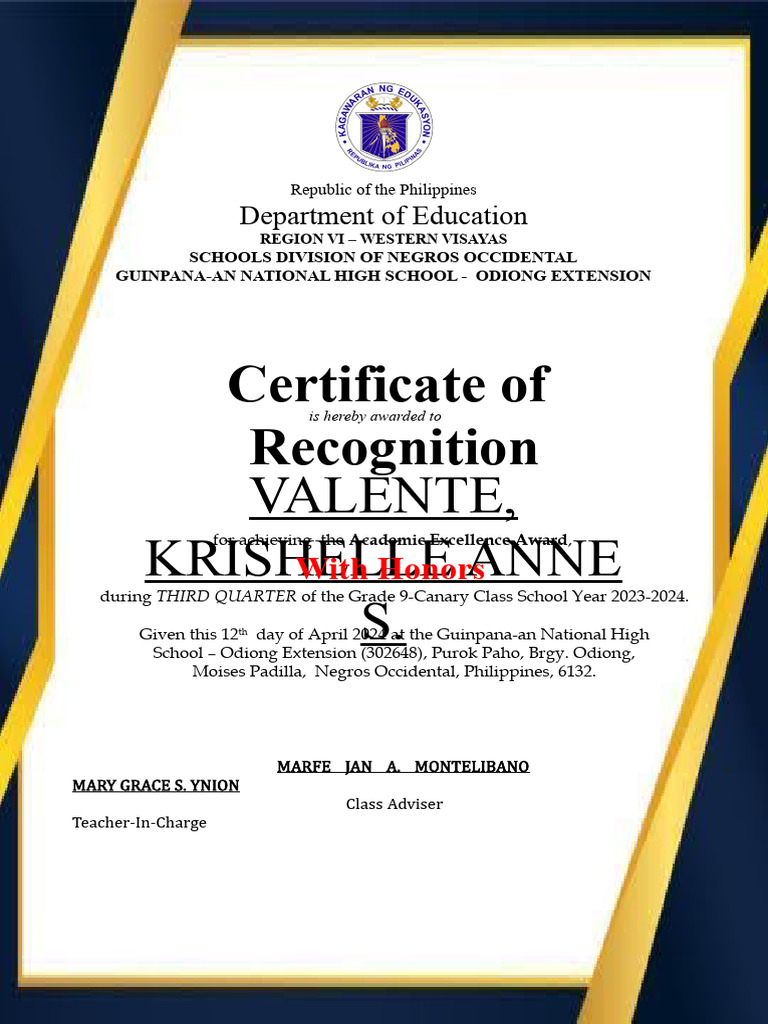 Third Quarter Recognition Day Ribbon and Cert | PDF
