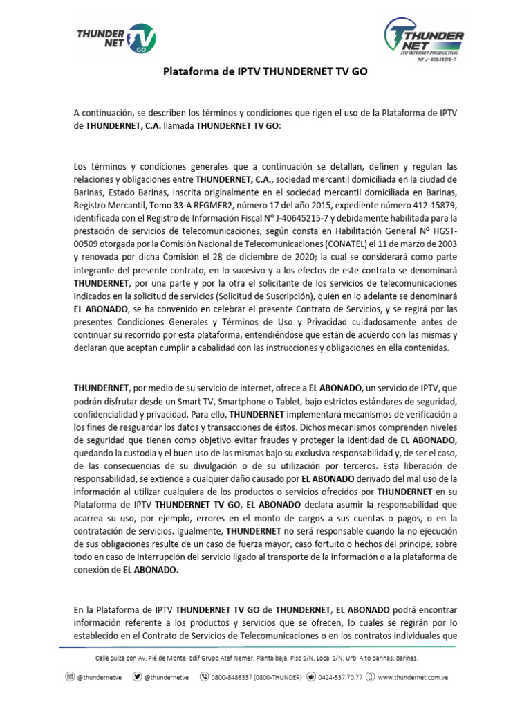 Términos de Uso de THUNDERNET TV GO | PDF | Privacidad | Telecomunicaciones
