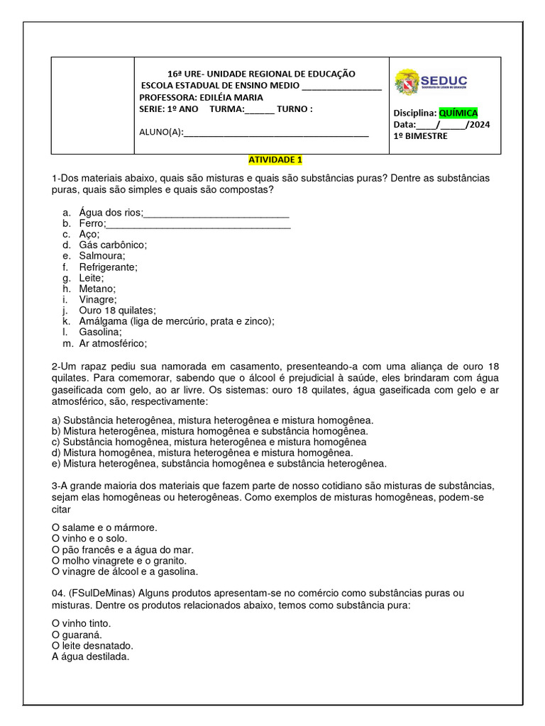 Ativida de Sbs. e Mistura - 01 | PDF | Mistura | Substancias químicas