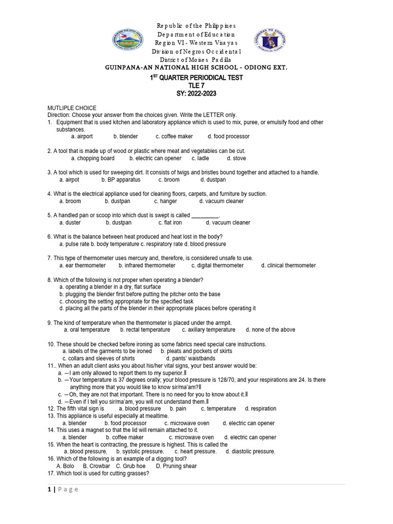 TLE 7 Periodical Test Questions | PDF | Plough | Knife
