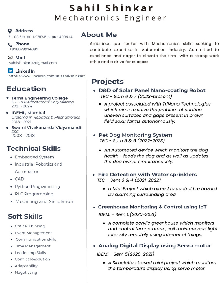 Sahil CV | PDF | Mechatronics | Automation