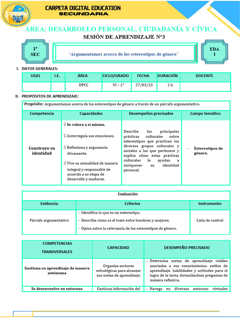 1° Sesión de Aprendizaje Sesión3-Sem.2-Exp.1 - DPCC | PDF | Aprendizaje | Evaluación